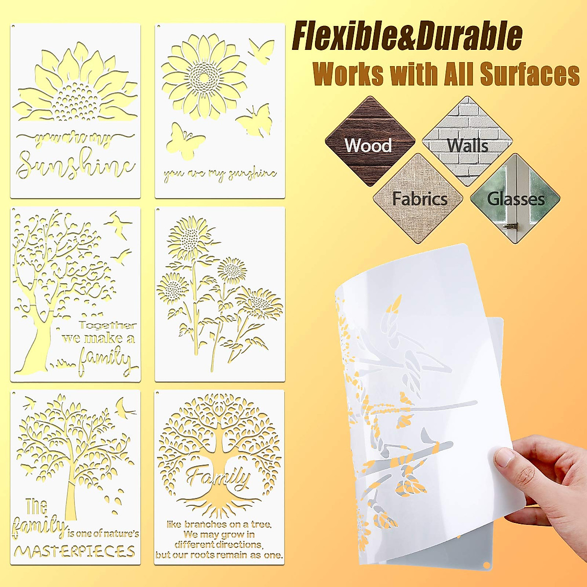 6 Pieces Sunflower Stencil Kit, Reusable Family Tree Stencil Flower Butterfly Painting Templates You are My Sunshine Stencil with Metal Open Ring for Painting on Wood Wall Decor