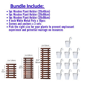 ShopLaLa Bundle - 4 inch White Metal Pots x 10 Pack + 3 pack Wooden Planter Vertical Garden System Planter, Live Plant Wall Outdoor Wall Mounted Planter Decoration Large Indoor Living Wall Plant Decor