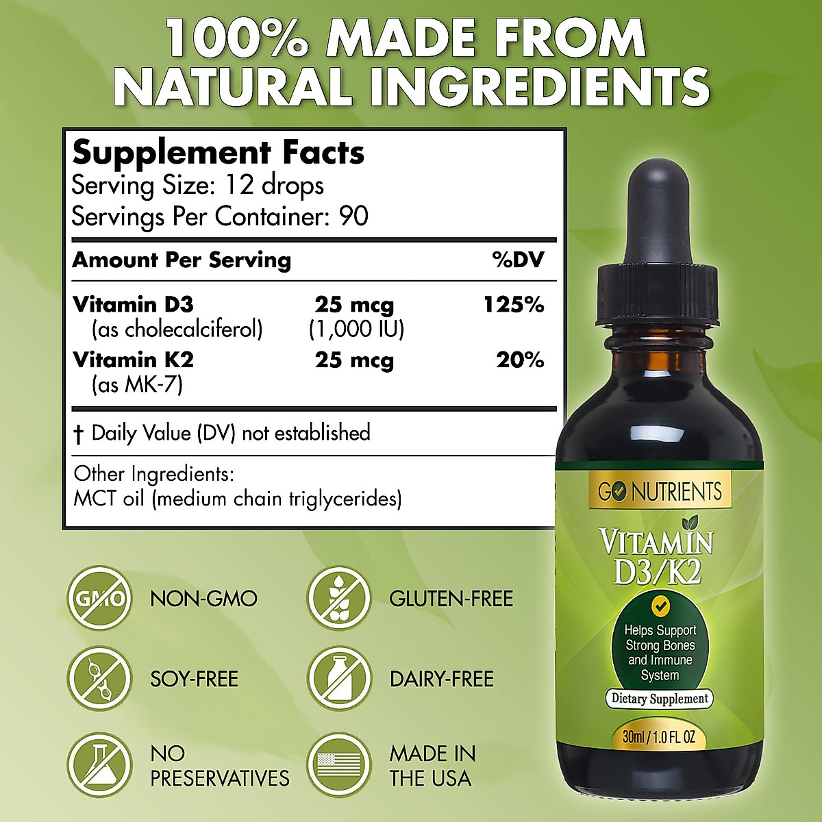 Go Nutrients Liquid Vitamin D3 K2 Drops - for Bone & Heart Health - Fast Absorption Vitamin D Drops for Adults & Kids, GMO-Free, VIT D3 MK7, Supports Immunity & Healing, 1.0 oz. | 90 Servings
