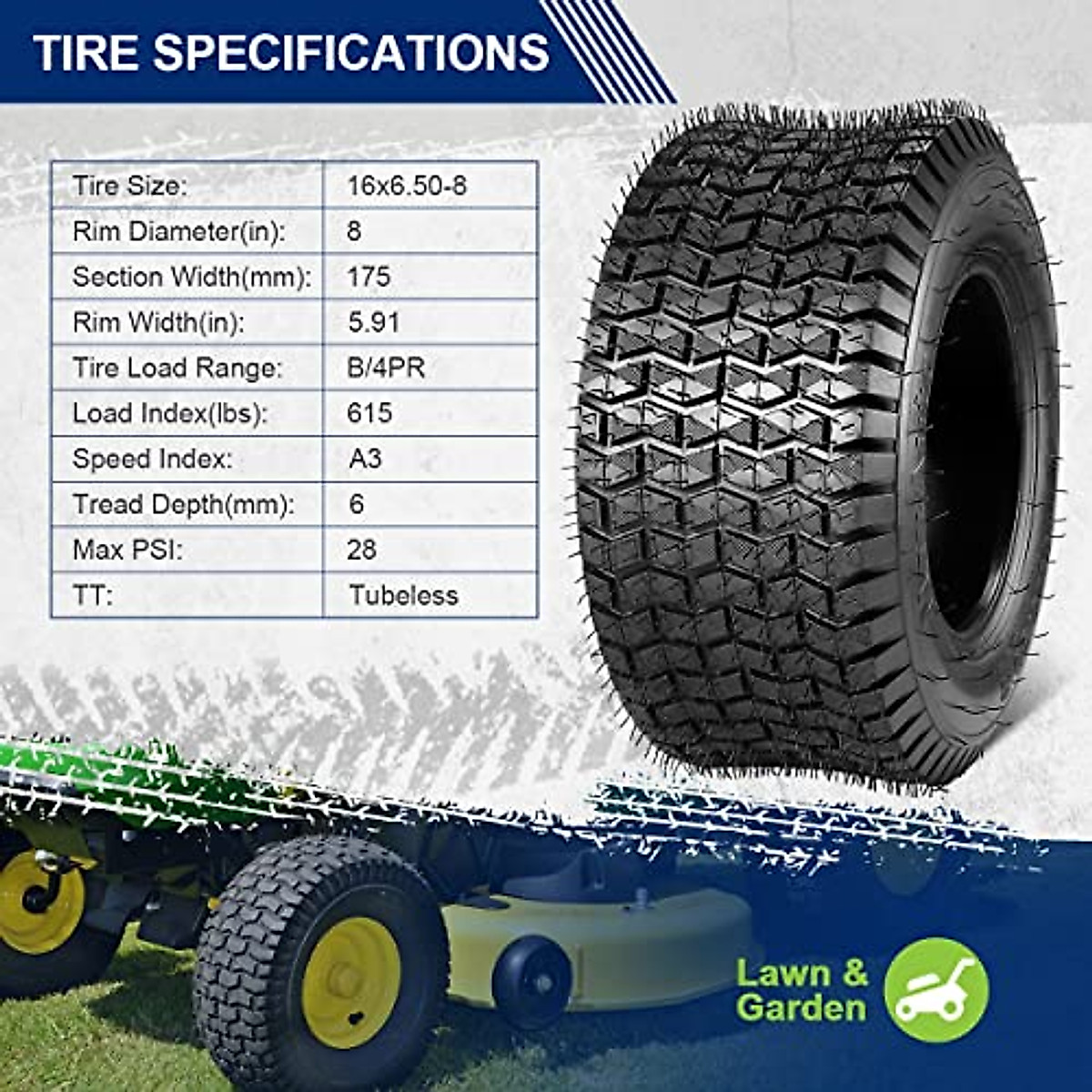 MaxAuto 16x6.50x8 Lawn Tractor Tires 16x6.50-8 Lawn Mower Tire 16x6.50 8 Garden Tractor Tire, 4Ply Tubeless, Set of 2