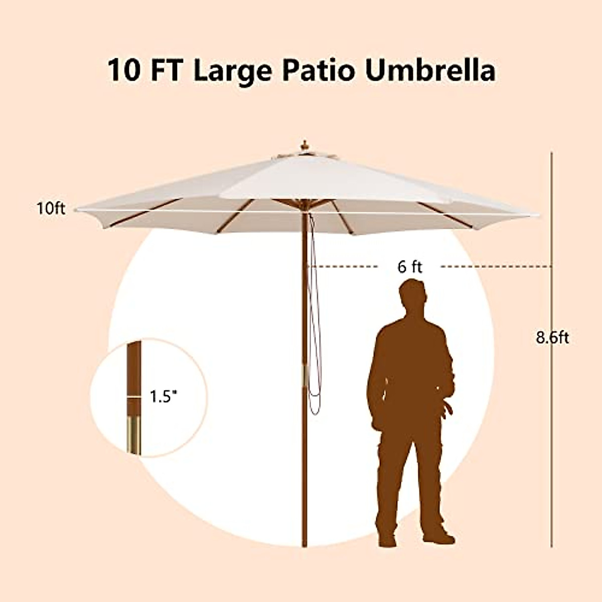 HAPPYGRILL 10 FT Patio Wooden Umbrella Table Market Umbrella with 8 Bamboo Ribs, 3 Adjustable Heights, Rope Pulley Lift, Detachable Pole & Vented Roof, Outdoor Umbrella for Garden Poolside Backyard