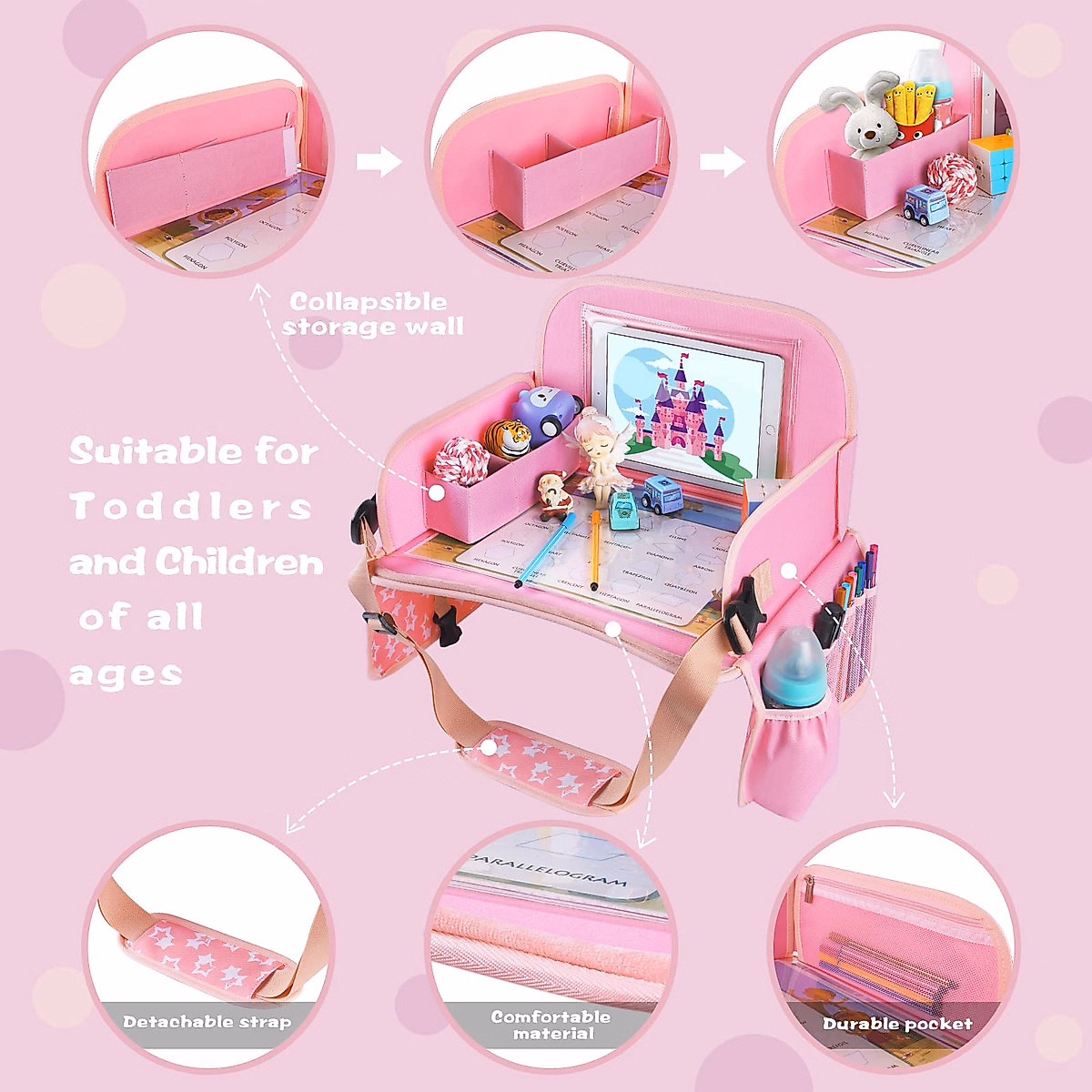 MENZOKE Bundle–2 items Kids Travel Tray with Dry Erase Board & Storage Pocket, Blue & Pink