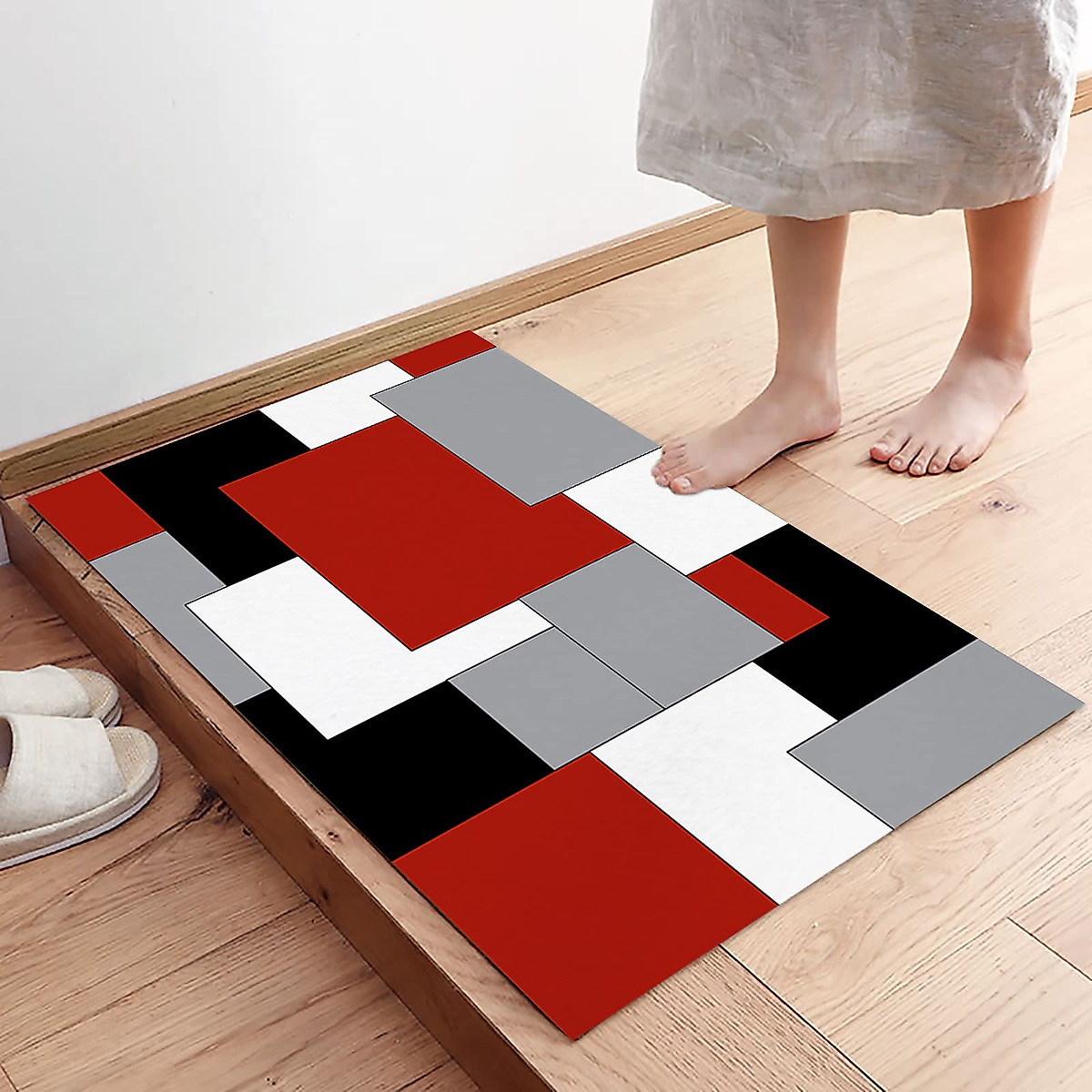 Geometry Abstract Art Kitchen Rugs Sets 2 Pcs Floor Mats White Grey Black Red Modern Art Geometric Doormat Non-Slip Rubber Backing Area Rugs Carpet Inside Door Mat Pad Sets,16"x 24"+16"x47"