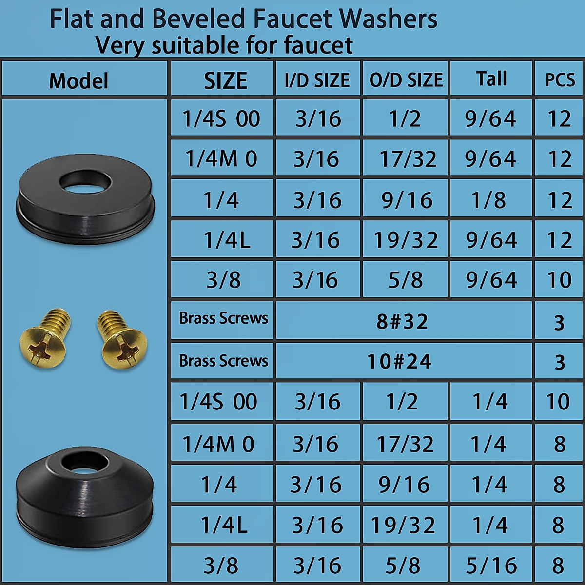 ZDBB 96 pcs Flat and Beveled Faucet Washers and Brass Bibb Screws Assortment for Use with Assorted Quick-Opening Style Faucets Stem Worn Out Washer Replacements Black