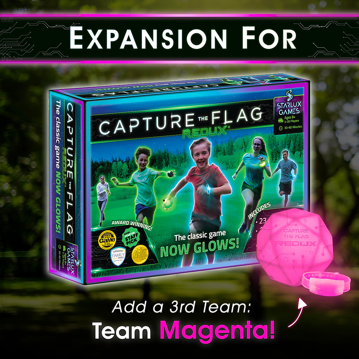 3-Team Expansion for Glow-in-The-Dark Capture The Flag Redux | Adds 4 Players & 1 Extra Team | Glow in The Dark Games | Light Up Kids Games Set | Outdoor Gifts for Girls 8-12+ | Go Team Magenta!