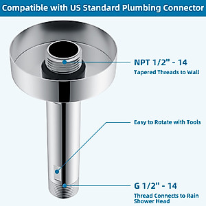 Hibbent All Metal Ceiling Mounted Shower Arm, 4 Inch Shower Head Extension Arm with Flange, Stainless Steel Straight Shower Arm For High Pressure Rain Shower Head, Shower Head Extender, Chrome
