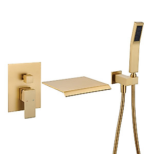 Wowkk Wall Mount Tub Filler Waterfall Tub Faucet Brushed Gold Bathtub Faucet Brass Single Handle Bathroom Faucet with Hand Shower