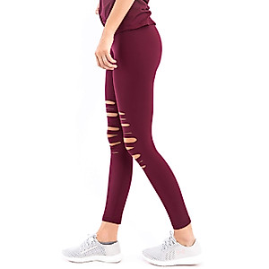 Hype Up Women's High Waisted Ripped Super Buttery Soft Active Wear Full Length Leggings with Inner Pocket (S-3X) Burgundy