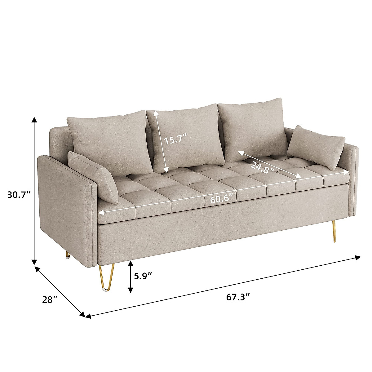 Senfot Sofa Couch Faux Leather 60" W Sofas with Lift-Up Storage and Comfortable Hand Stitched, Pillows, Modern Design with Button Tufted and Gold Metal Legs in Beige