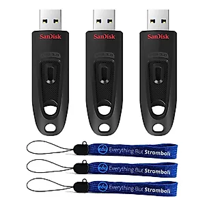 SanDisk 512GB Flash Ultra 3.0 USB Flash Drive 3 Pack High Performance Thumb Drives Works with Computers, Laptops, and Desktops (SDCZ48-512G-U46) Bundle with (3) Everything But Stromboli Lanyards