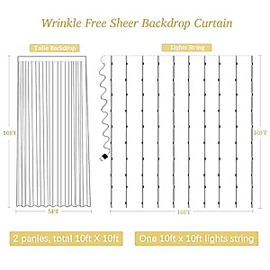 10ft x 10ft White Sheer Tulle Backdrop Curtains with Lights String for Party Wedding Wrinkle Free Curtain Backdrops Drapes for Baby Shower Birthday Party Photo Back Drop Background Home Decorations