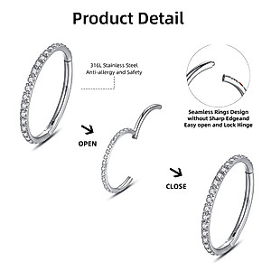 Yaoyaoyors 316 stainless-steel Hinged Nose Rings 18G(1.0mm) 8mm Diamonds Unisex Septum Clicker Helix Cartilage Earrring Hoop Conch Daith Helix Tragus Piercing Jewelry,Bright Silver Color