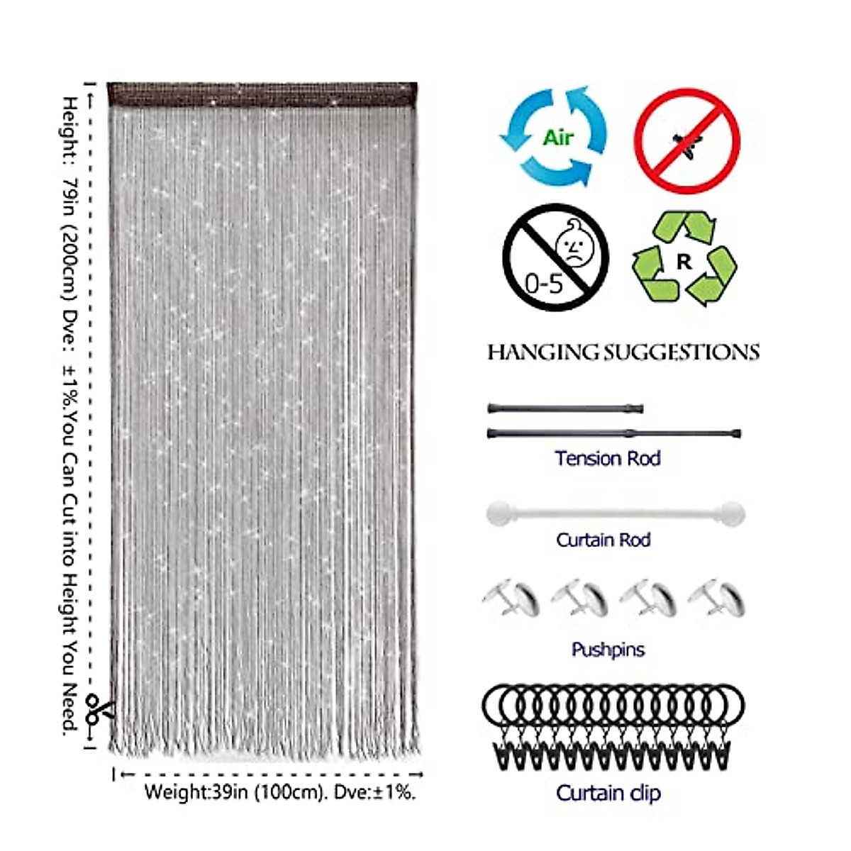 2 Pcs Door String Curtain Doorway Beads Curtains,Hanging Room Divider Beaded Decor Hippie Glitter Fringe Panel Closet Window Wall Backdrop Doors Sequin Sheer Boho Doors Tassel (2, Coffee, 39×79in)