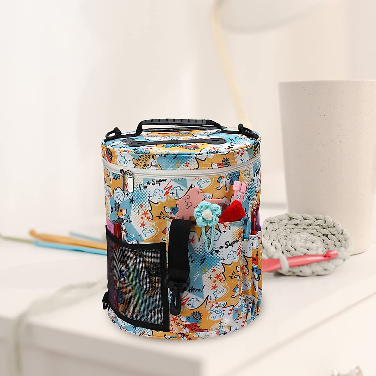 Knitting Bag Yarn Storage Tote Organizer with Shoulder Strap Handles Portable DIY Tool Bucket Round Container for Knitting Needles Crochet Hooks Accessories