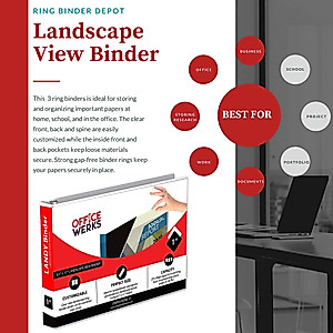 8.5" X 11" Landscape View Binder, 3-Ring Binder 1" Capacity Round Ring, White Horizontal Formatted Binder with Clear Cover Pockets, Perfect for Documents, Projects and More