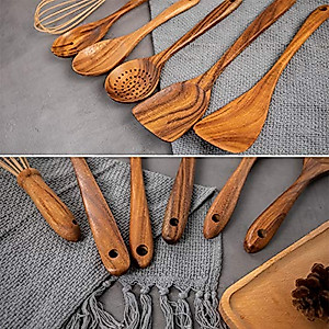 10 Pack Wooden Spoons for Cooking, Teak Wood Kitchen Utensils Set for Non Stick Use, Spatula Set for Stirring, Baking, Non Stick Wooden Utensils for Kitchen