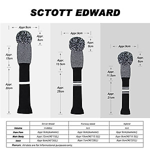 Scott Edward Knit Golf Club Cover Set of 3 Black and White Dot Fish Scale Pattern Protect Driver Wood(460cc) Fairway Wood and Hybrid/UT with Rotating Club Number Tags