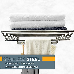 Extendable Towel Rack Wall Mounted for Bathroom or External Use, Stainless Steel with 6 Rods 5 Hooks, Durable, Heavy Duty, Resistance to Corrosion Oxidation Rust | Supports 60Lb