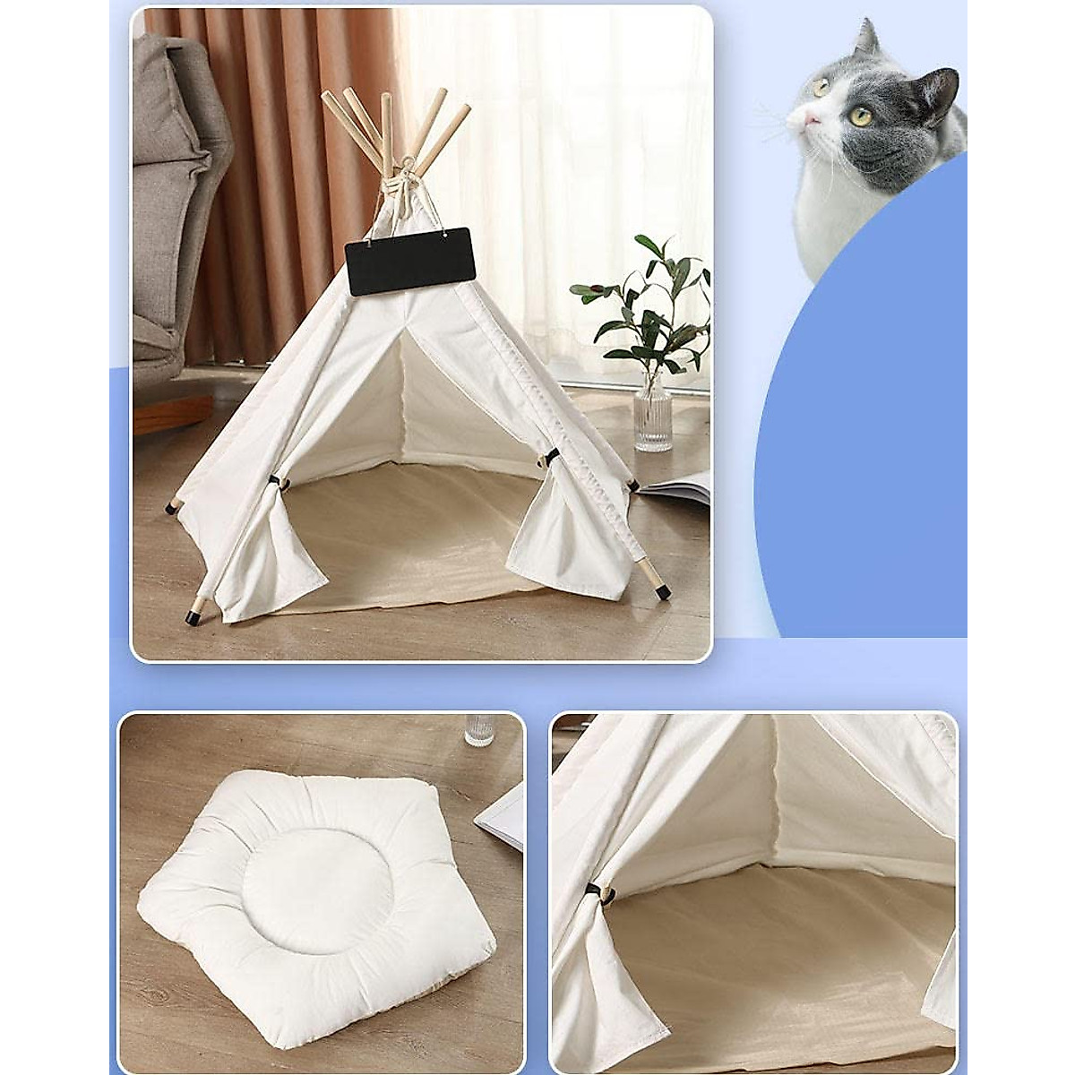 Pet Teepee with Soft Cushion for Dogs, Cats, Rabbits and Puppies, Portable Pet Tent, White Dog Tent. Pet House with Bed, Washable Dog Teepee, Portable Dog House (White)