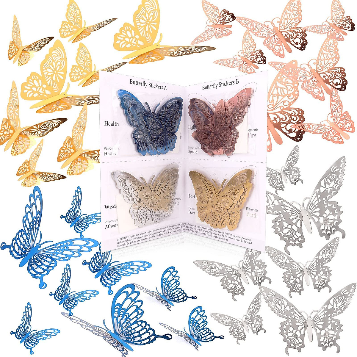 Butterfly Wall Decor 48pcs 3D Stickers Decoration, for Kids Baby Bedroom Paper Butterflies Gold Friendship Stickers Decor Teachers Office Classroom Party for Christmas Gifts Friends Stickers Set.