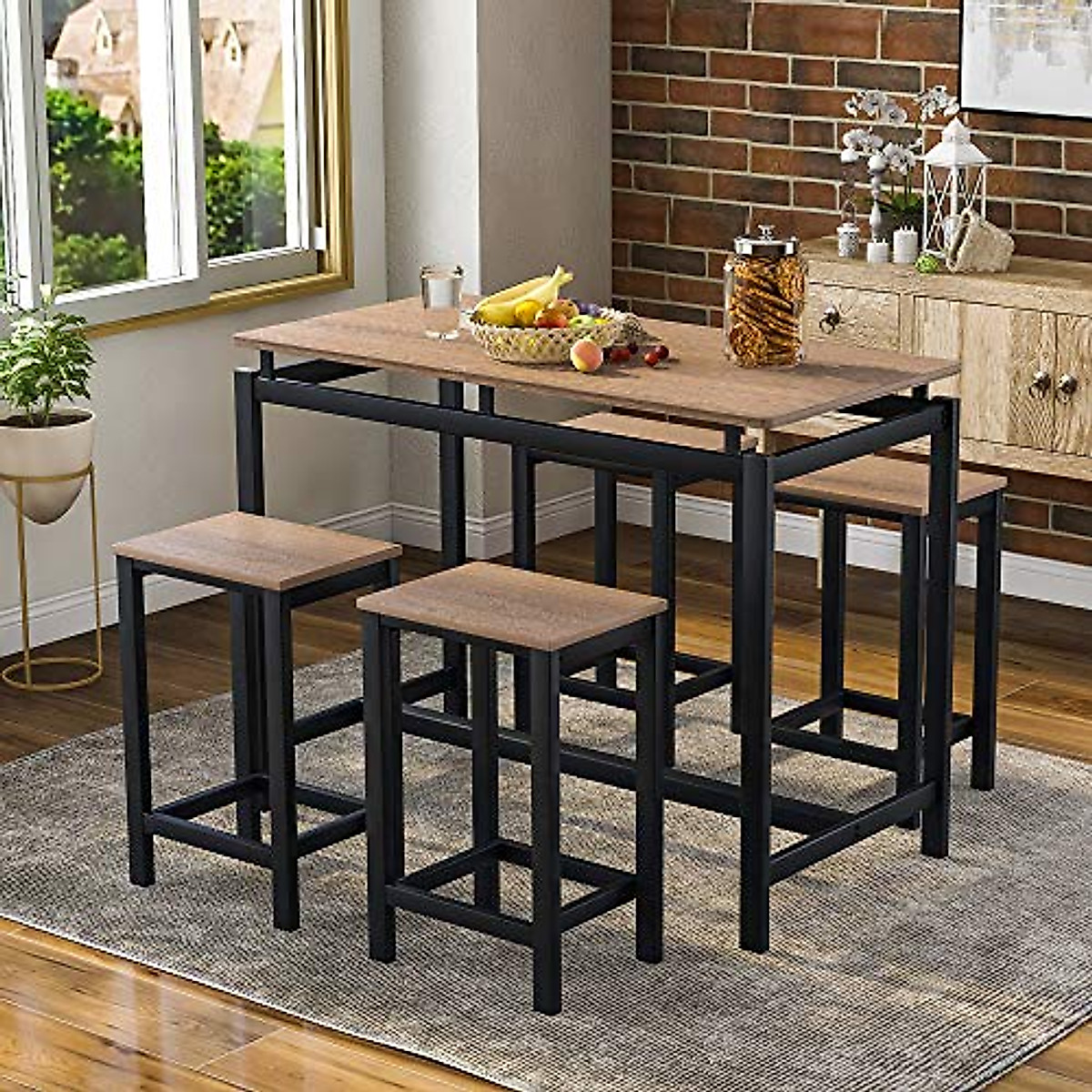 WOZNLA Room 5-Piece Industrial Counter Height Dining Set-Rustic Rectangular Table and Chairs for Kitchen-Perfect for Family Dinners and Gatherings, Dark Brown