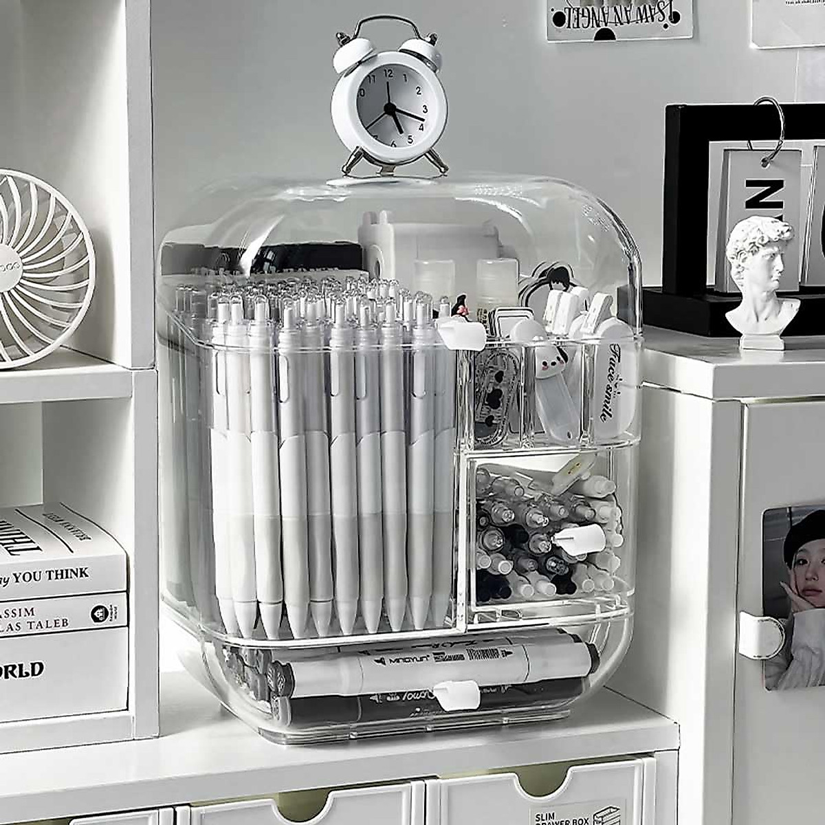 WEAREZ Multifunctional Desktop Pen Organizer,Acrylic Table Organiser With Drawer,Multifunctional Desk Organiser With Cover,Pen Holder For School,Office,Home