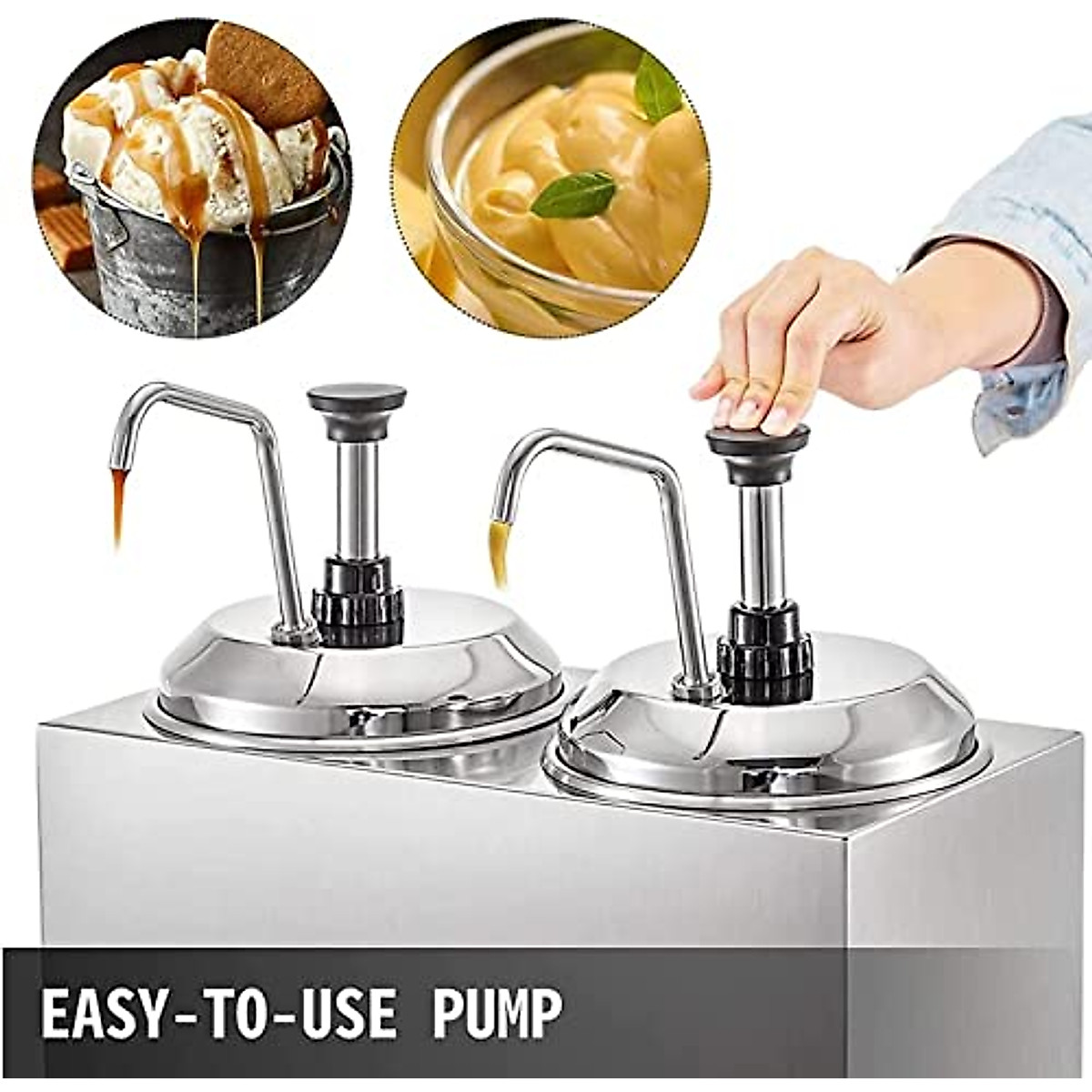 ANSNAL Commercial Hot Fudge Warmer, 1600W Cheese Sauce Warmer Pump Dispenser, 2 Grids Stainless Steel Food Warmer Chocolate Heated Pump for Hot Fudge Caramel Butter