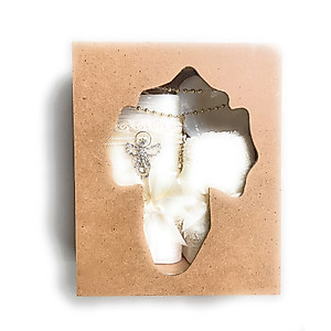 Catholic Baptism Kit in a Wooden Box with Towel, Candle, Rosary and Shell for Baby Boys and Girls. Handmade in Mexico Gift for Godparents. Holy Spirit Baptism Candle Set. Kit de Bautizo