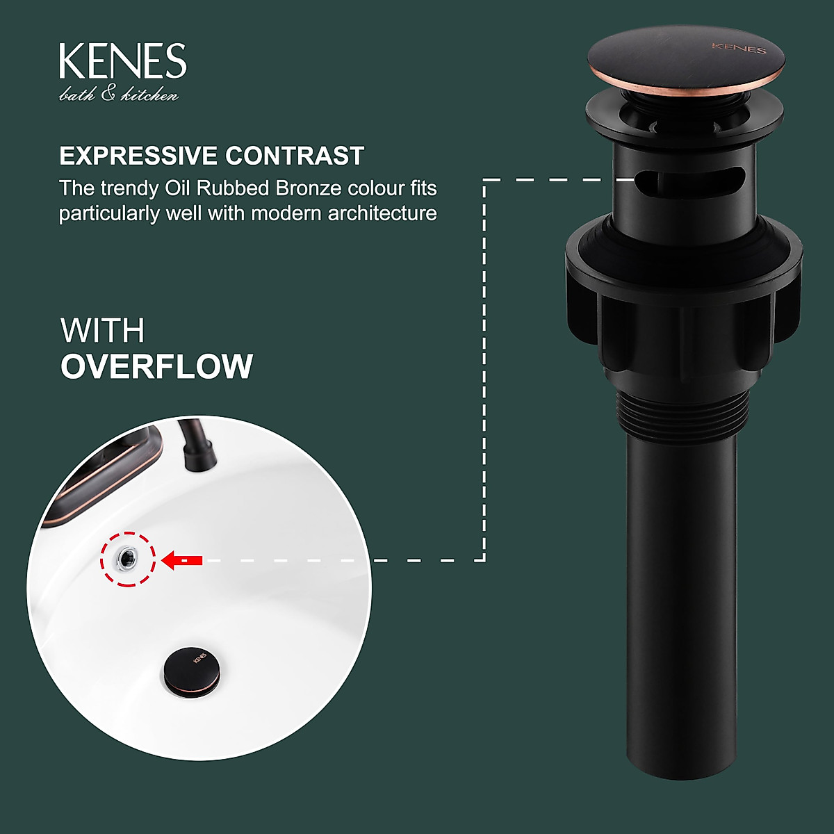 KENES Oil Rubbed Bronze Pop Up Sink Drain, Bathroom Vessel Lavatory Vanity Faucet Sink Drain Stopper, Sink Drain Assembly with Overflow Anti Clog Pop Up Drain
