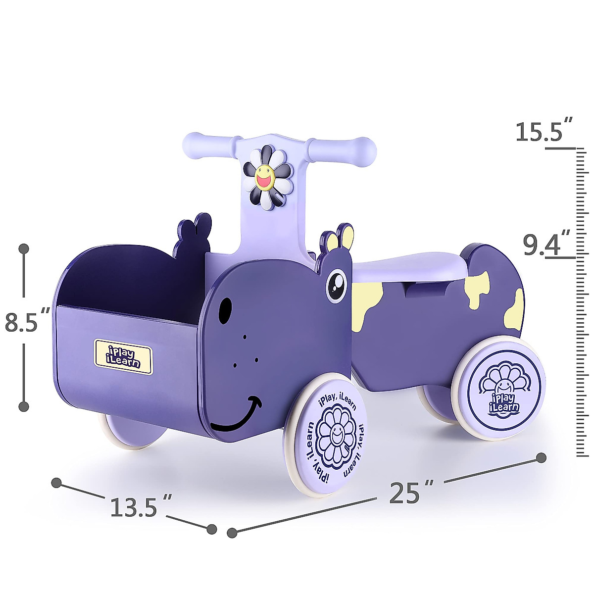 iPlay, iLearn Baby Ride on Balance Bike, Toddler Riding Toys, Hippo Outdoor Push Toy, Babies Sit to Rider, Infant First Train Bicycle W/ 4 Wheels, Birthday Gifts for 18 Months, 2 3 4 Year Old Boy Girl