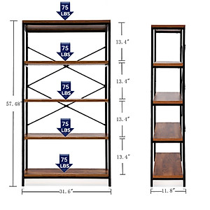 Himimi Industrial Bookshelf 5-Tier, Bookcase 58" H Ladder Shelf, Storage Shelves Rack Shelf Unit, Accent Furniture Metal Frame, Home Office Furniture for Bathroom, Living Room, Vintage Brown