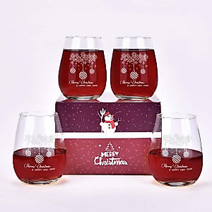 Merry Christmas Stemless Wine Glass Set for Women Friends, Christmas Idea for Mom Wife Girlfriend Sister Wedding Birthday Party, Set of 4