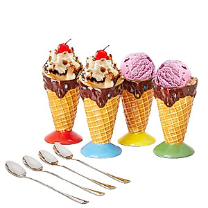 Kovot Ceramic Dessert & Ice Cream Cone Set - Includes 4 Ceramic Cones And 4 Metal Spoons