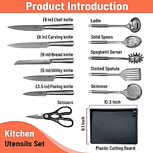 MENZELIANO 13 pcs kitchen knife set with block and cooking stainless steel utensils set with holder
