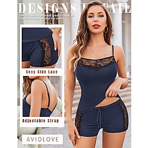 Avidlove Cooling Pajama Sets for Women Sleepwear Lace Shorts Pjs Sets for Summer(Navy Blue(one size up), Medium)