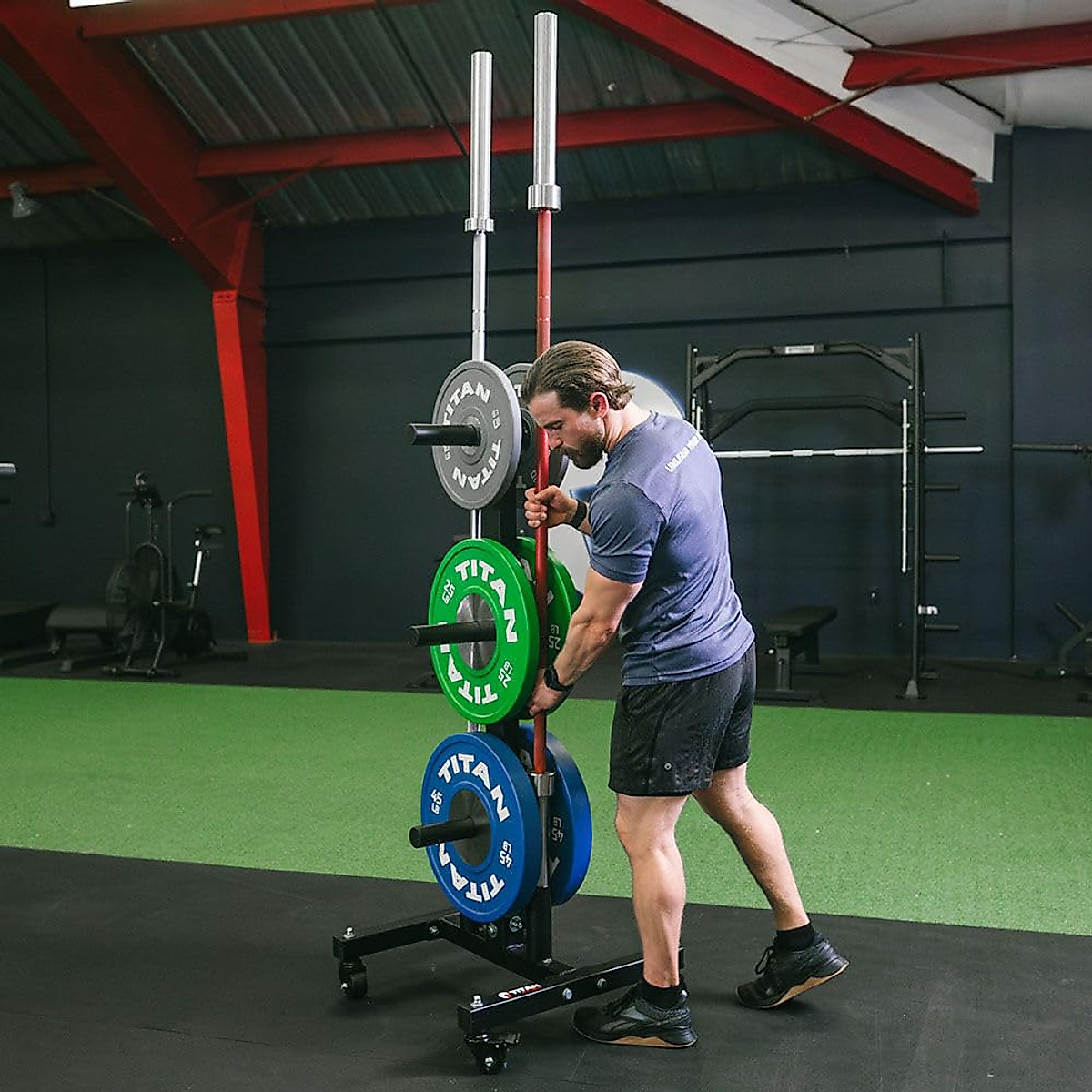 Titan Fitness Portable Weight Tree for Olympic Plate and Barbell Storage, Weight Plate Storage with 1,000 LB Capacity, Weight Tree Rack with Locking Wheels, Weight Plate Tree with Barbell Storage