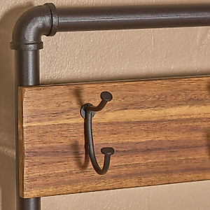 GDFStudio Outdoor Industrial Acacia Wood Bench with Shelf and Coat Hooks, Teak Finish