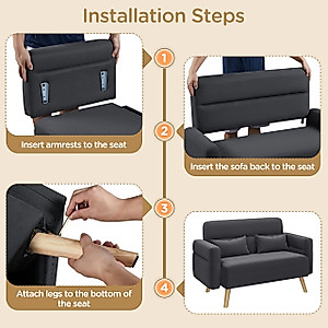 Yaheetech 46" Small Modern Fabric Sofa Loveseat Mid Century 2 Seater Sofa Couch with Lumbar Pillows, Solid Wood Legs for Living Room, Small Space, Dorm, Office, Bedroom, Dark Gray
