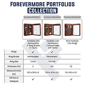 Forevermore Portfolios Padfolio Binder - Professional Faux Leather Travel Organizer Pouch for Tablet, Documents, Presentation Folders, Zipper Closure, Removable 3-Ring Notepad - Black