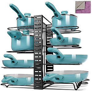 Kphico Pots and Pans Organizer,Pot Rack with 3 DIY Methods,Adjustable Pan Organizer Rack with 8 Tiers,Non-Slip Pan Pot Rack for Kitchen Cabinet Organizer and Storage,Send 1 PCS Cleaning Cloth