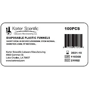 Karter Scientific 210Q2 Natural PP Plastic Funnels, Short Stem, 55mm (Pack of 100)