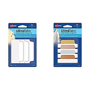 Avery Ultra Tabs, 3" x 1.5", 2-Side Writable, White, 24 Repositionable Filing Tabs (74776) & Margin Ultra Tabs, 2.5" x 1", 2-Side Writable, Assorted Metallic, 24 Repositionable Page Tabs (74786)