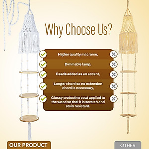 Boho Floor Lamp with Macrame Lamp Shade - Boho Hanging Lights with Plug in Cord - Boho Pendant Light for Cozy Spaces - Hanging Lamps for Living Room Plug in - Bohemian Living Room Decor Boho Lighting