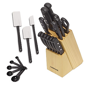 Farberware 22-Piece Never Needs Sharpening Triple Rivet High-Carbon Stainless Steel Knife Block and Kitchen Tool Set, Black