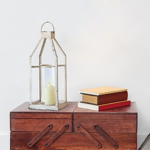 Farmhouse White Metal Lanterns 21" Decorative Hanging Candle Lantern, Rustic Distressed Candle Holder Outdoor Lanterns for Front Porch Floor, Patio or Wedding