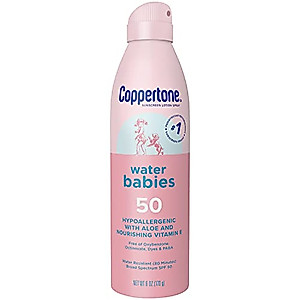 Coppertone WaterBabies Sunscreen Spray, SPF 50 Baby Sunscreen, Spray On Sunscreen, 6 Oz and Pure and Simple Sunscreen Stick, SPF 50, 0.49 Oz