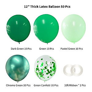 ANSOMO Green Latex Balloons Party Decorations 12 Inch 50 Pcs Dark Pastel Metallic Chrome Emerald Forest Green Confetti Jungle Safari Wild Birthday Baby Shower Graduation Décor Supplies Boys