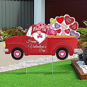 Valentine's Day Yard Signs with Stake Valentines Gnomes Outdoor Lawn Decorations Happy Valentine's Day Red Truck Lawn Signs for Valentine Day Wedding Anniversary Lawn Garden Yard Outside Decorations