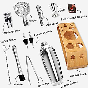 Cocktail Shaker Set Bartender Kit, 12 Pcs Premium Stainless Steel Bar Set Tools : Bamboo Stand, 25 oz Martini Shaker, Cocktail Shaker Set for Mixing Cocktails