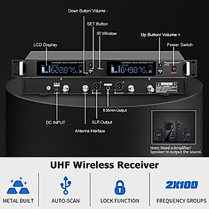 happymusic Professional UHF Wireless Microphone System, 2 Channel Metal Microphone Set of 2 Handheld Cordless Mics, Auto Scan, Up to 350ft for Singing, Home Karaoke, Church, Wedding (UT22)